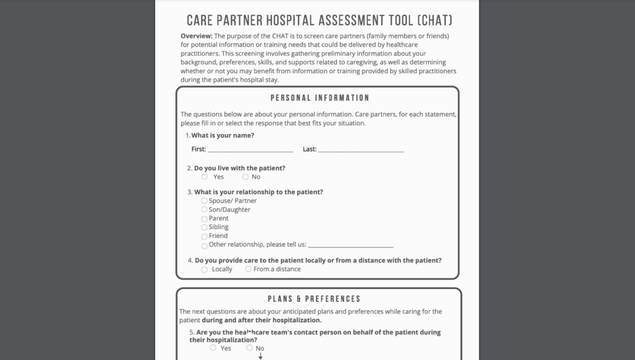 Care Partner Hospital Assessment Tool (Chat) | Take Care